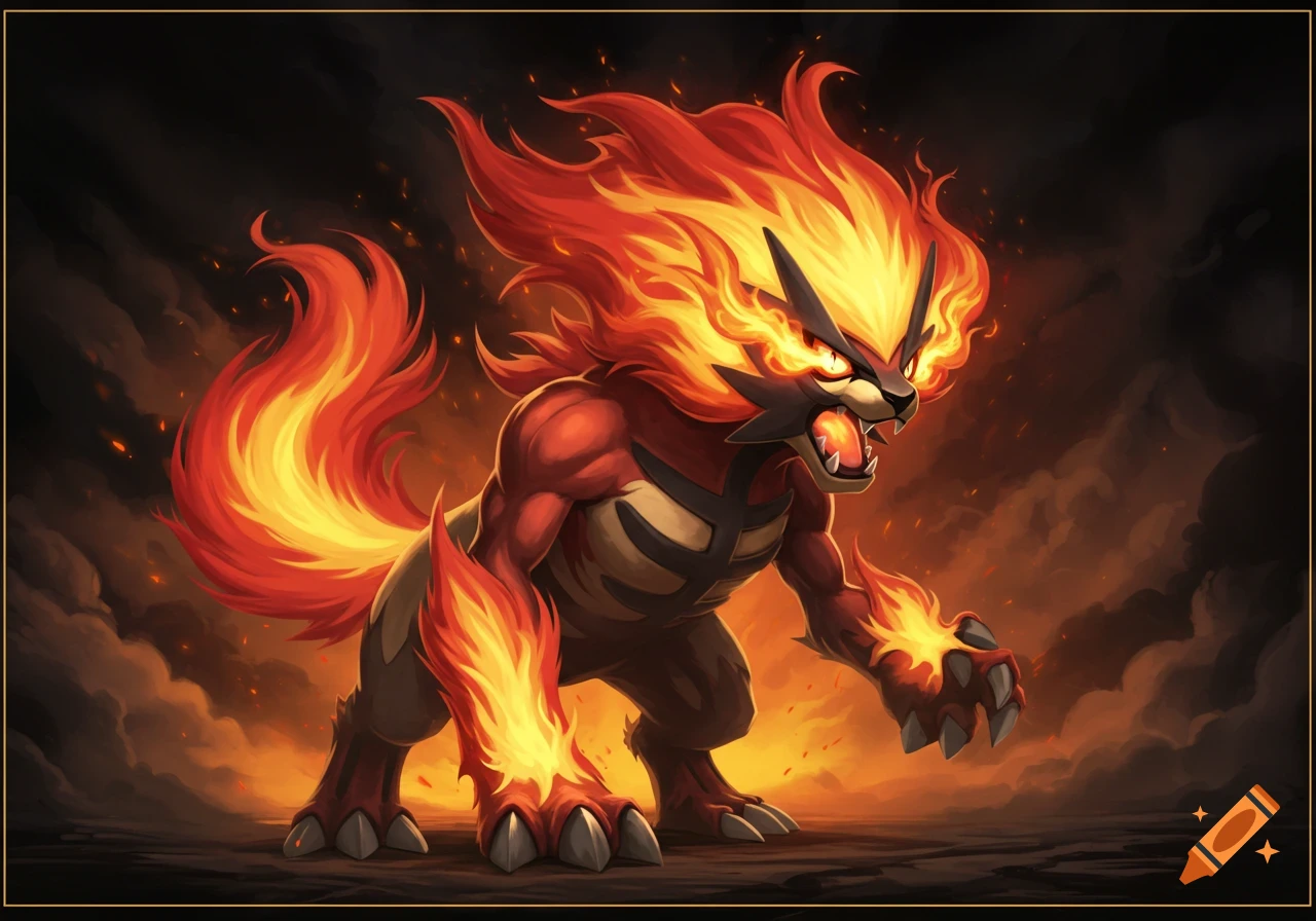 Illustration of a fiery, muscular pokemon-like creature with blazing ...