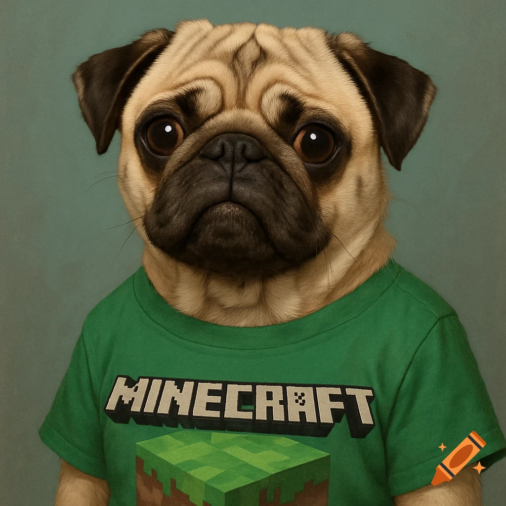 A pug wearing a green shirt with the Minecraft logo. on Craiyon