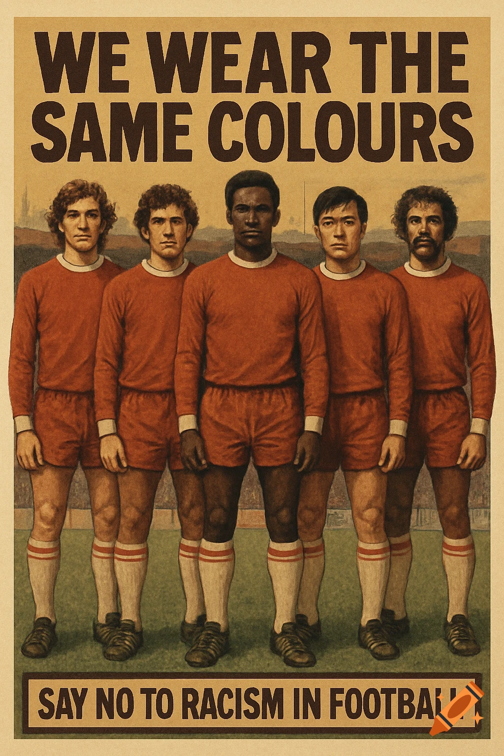 Vintage poster of footballers from different backgrounds with anti ...