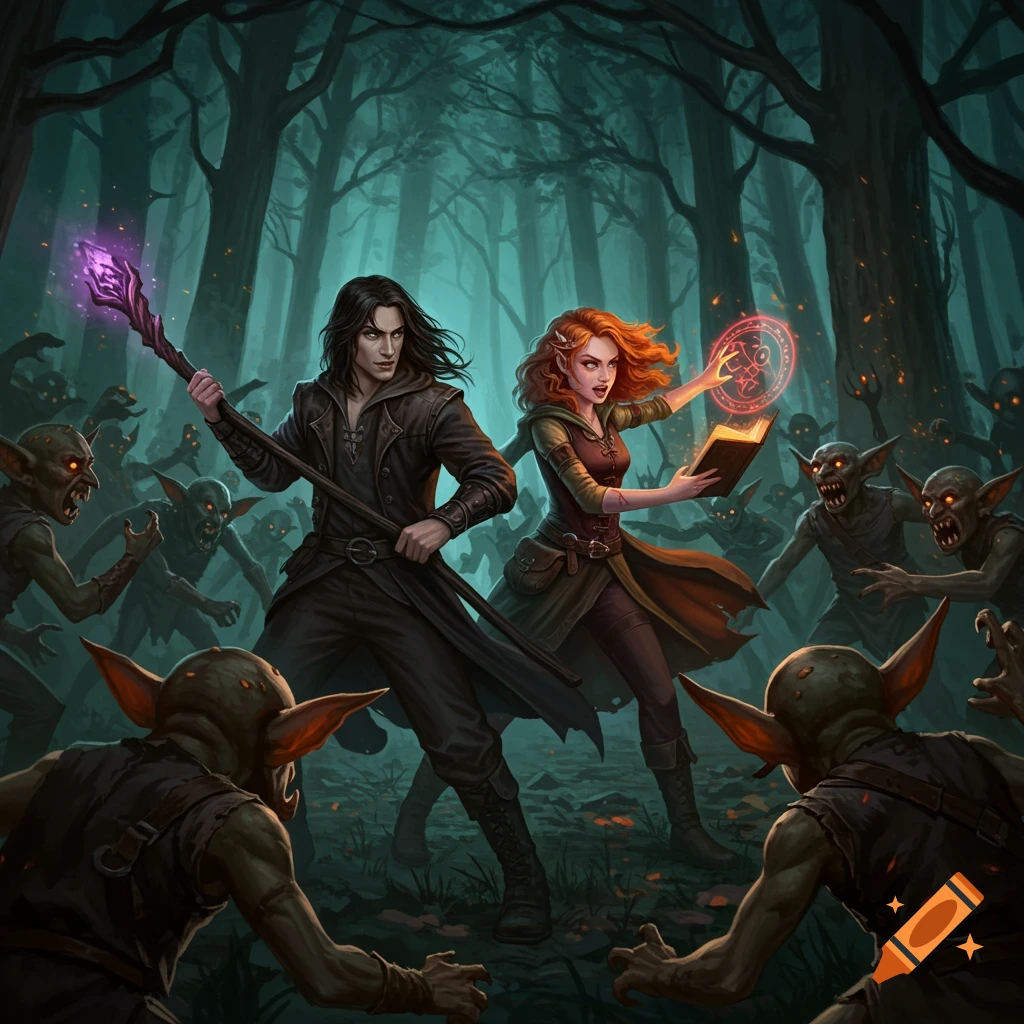 Illustration of two magic users, a man and a woman, fighting off ...