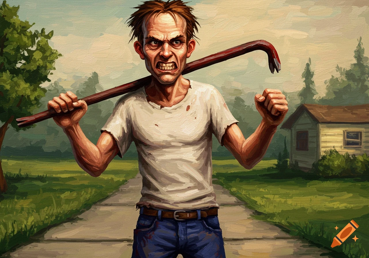 An angry man holding a crowbar over his shoulders, in an oil painting ...