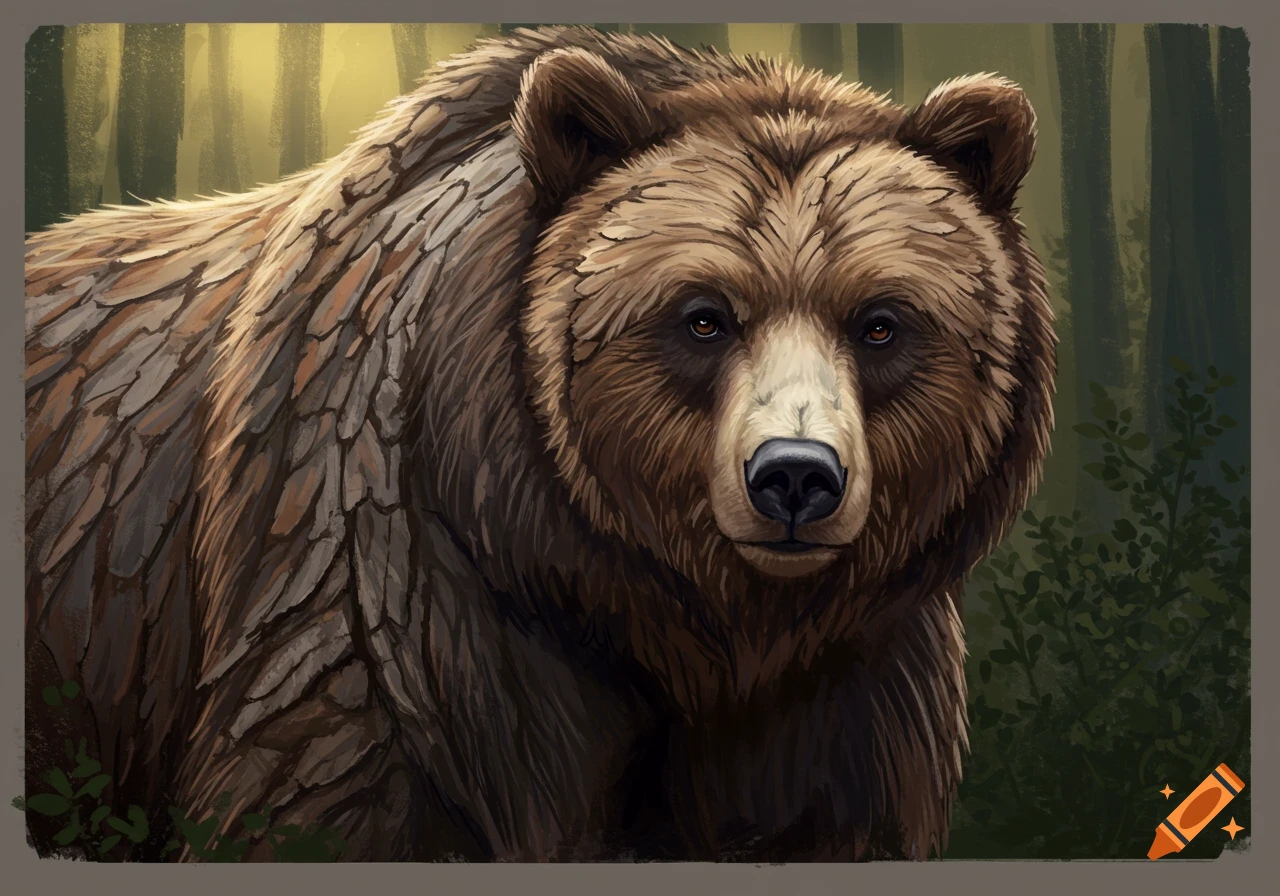 Close-up portrait of a bear with bark-like fur in a forest on Craiyon