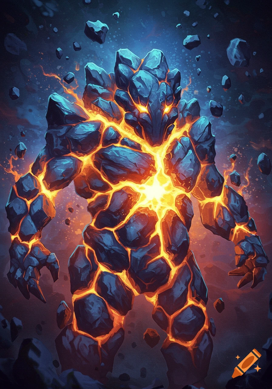 An elemental creature made of dark rocks filled with glowing lava. It has glowing orange eyes ...