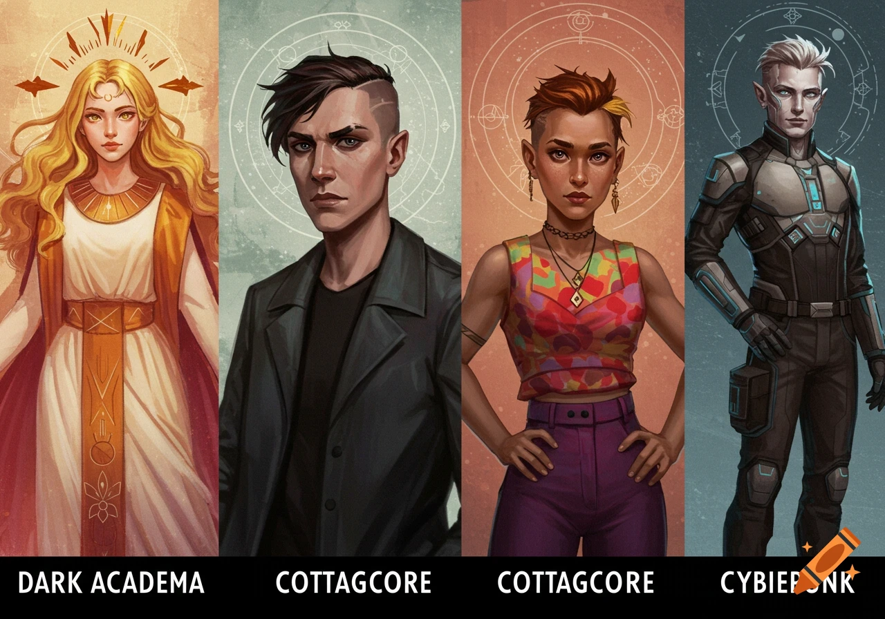 Four character portraits in vertical panels, each representing an ...