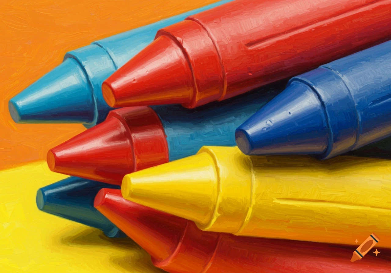 Close-up painting of red, blue, and yellow crayons. on Craiyon