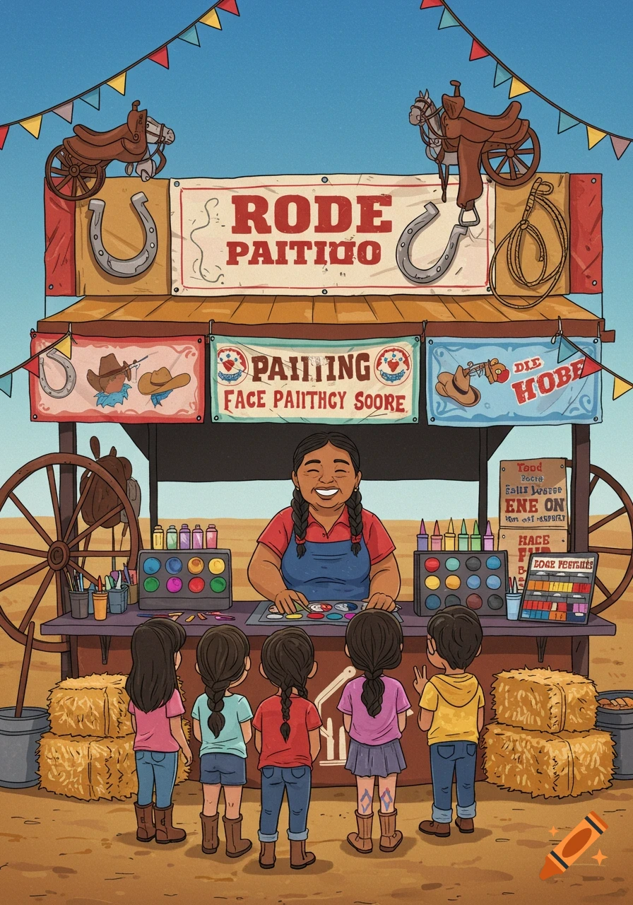 Illustration of a vendor at a rodeo face painting booth with children ...