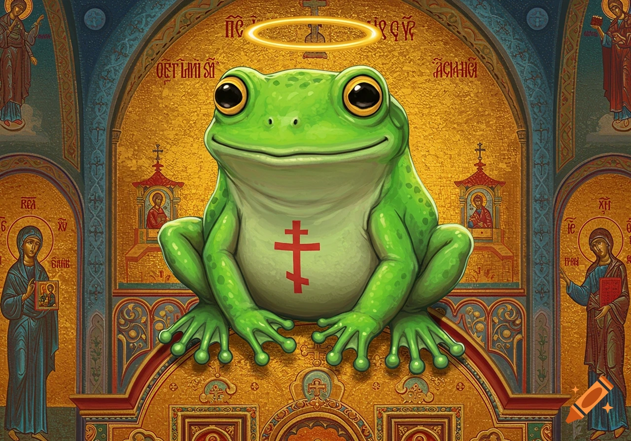 A cartoon green frog with a red cross and halo sits before a golden ...