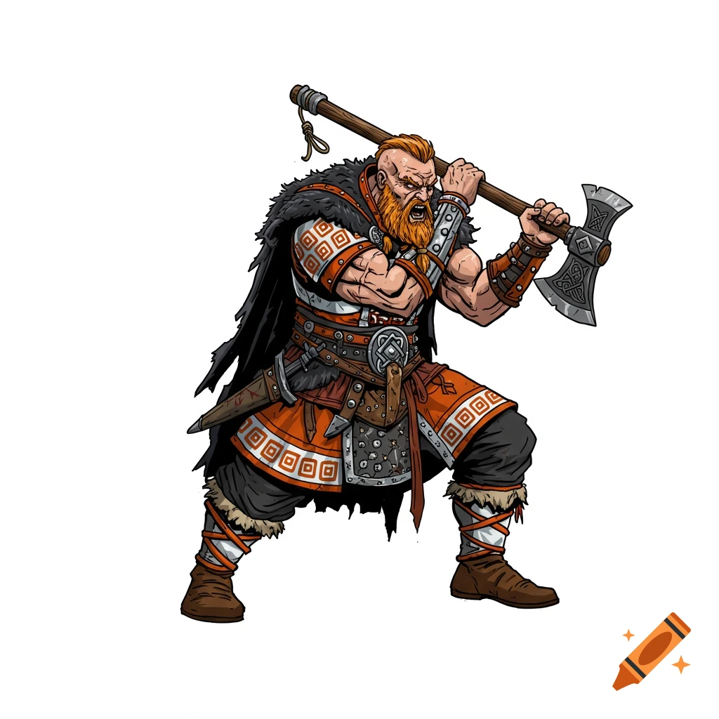 Graphic novel illustration of a berserker viking in orange and black ...