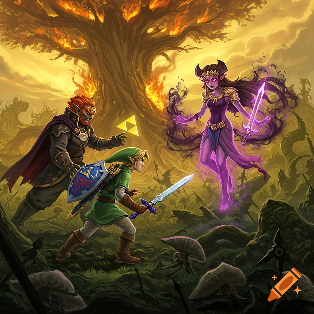 Link and Ganondorf face Demise possessed Zelda in a dramatic fantasy ...