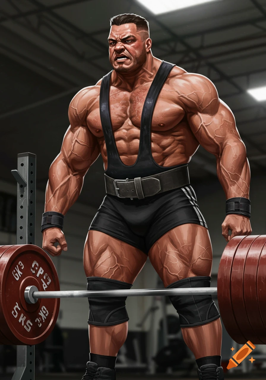 Muscular powerlifter lifts a barbell in a gym. on Craiyon