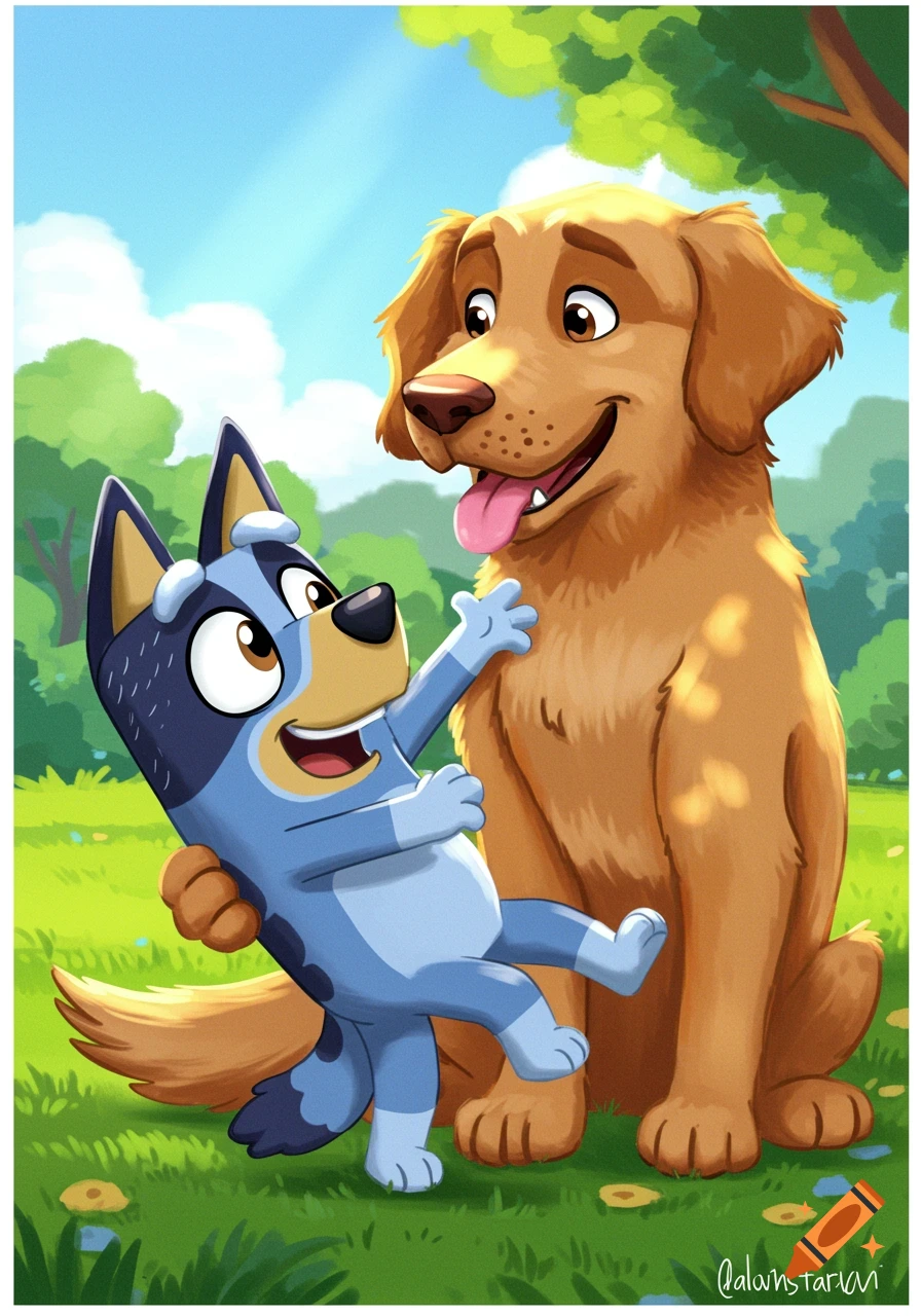 Cartoon Bluey character hugging a golden retriever in a park on Craiyon