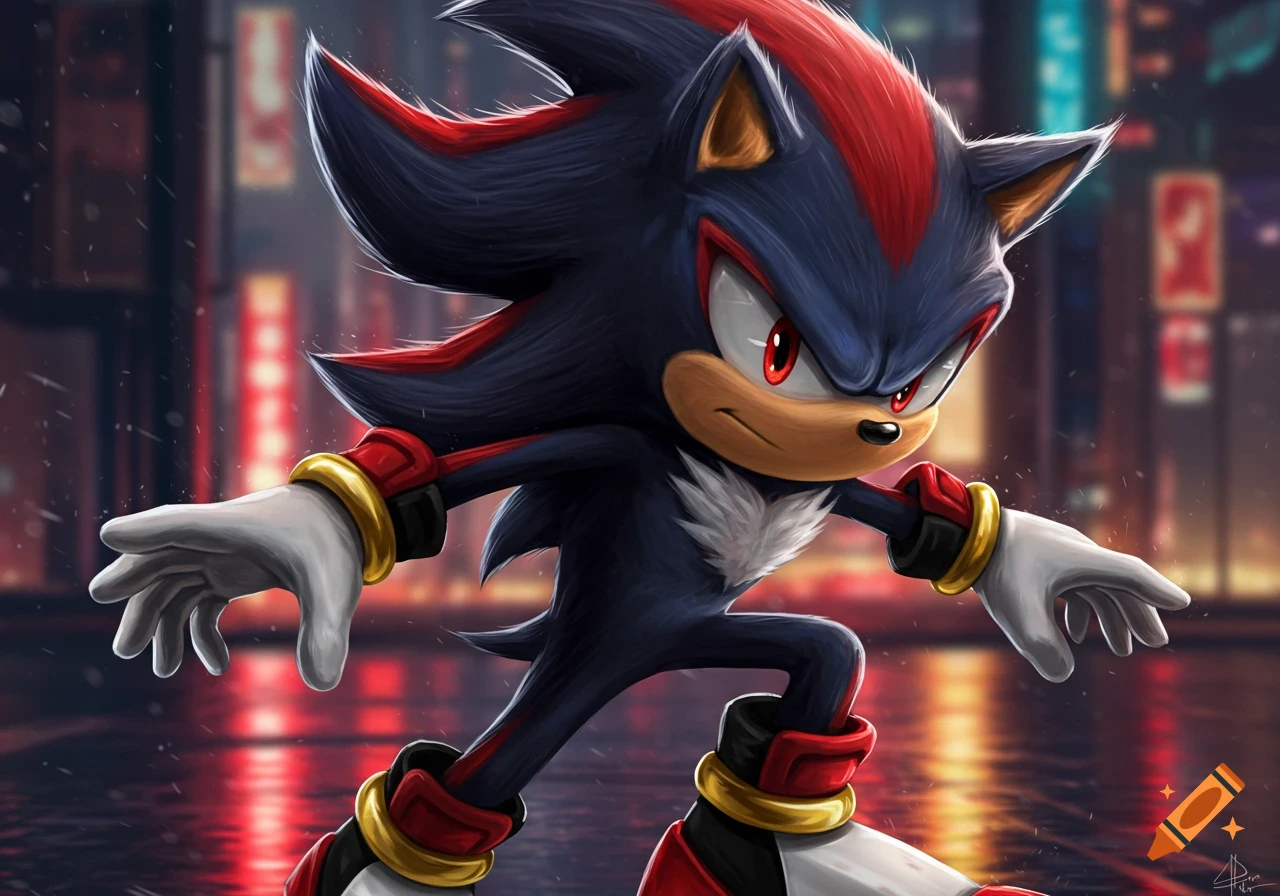 Detailed rendering of Shadow the Hedgehog in a dynamic pose against a ...