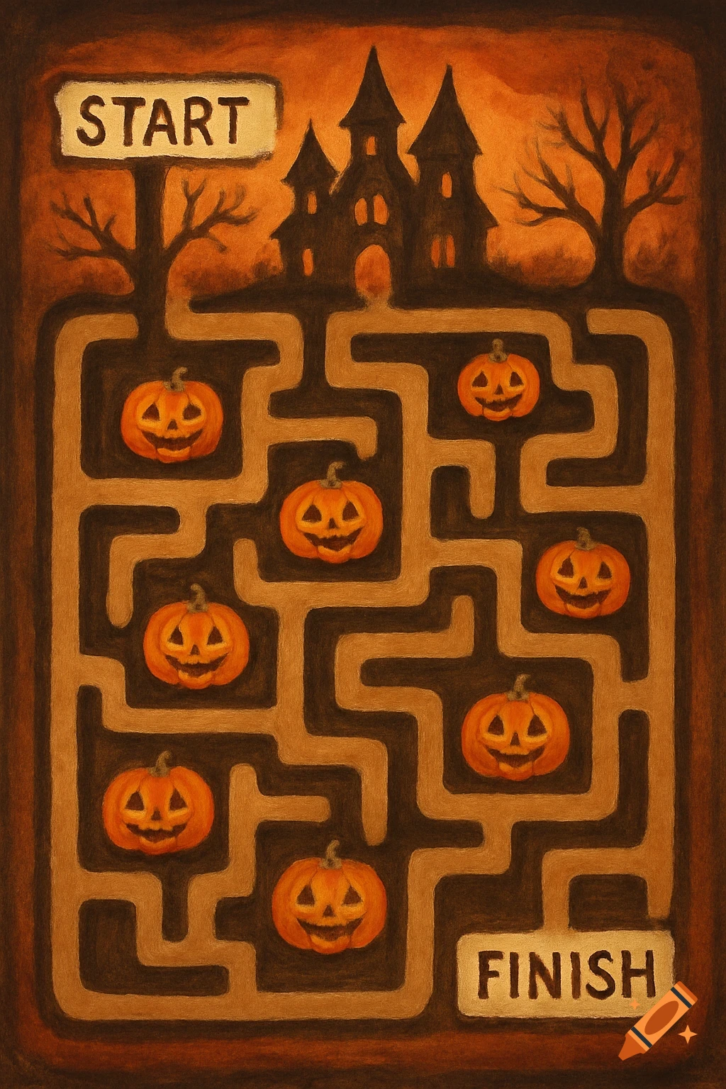 Halloween maze game with pumpkins, haunted house, and 'Start'/'Finish ...