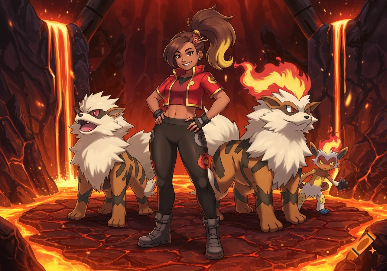Anime style image of a confident female trainer with Arcanine and ...
