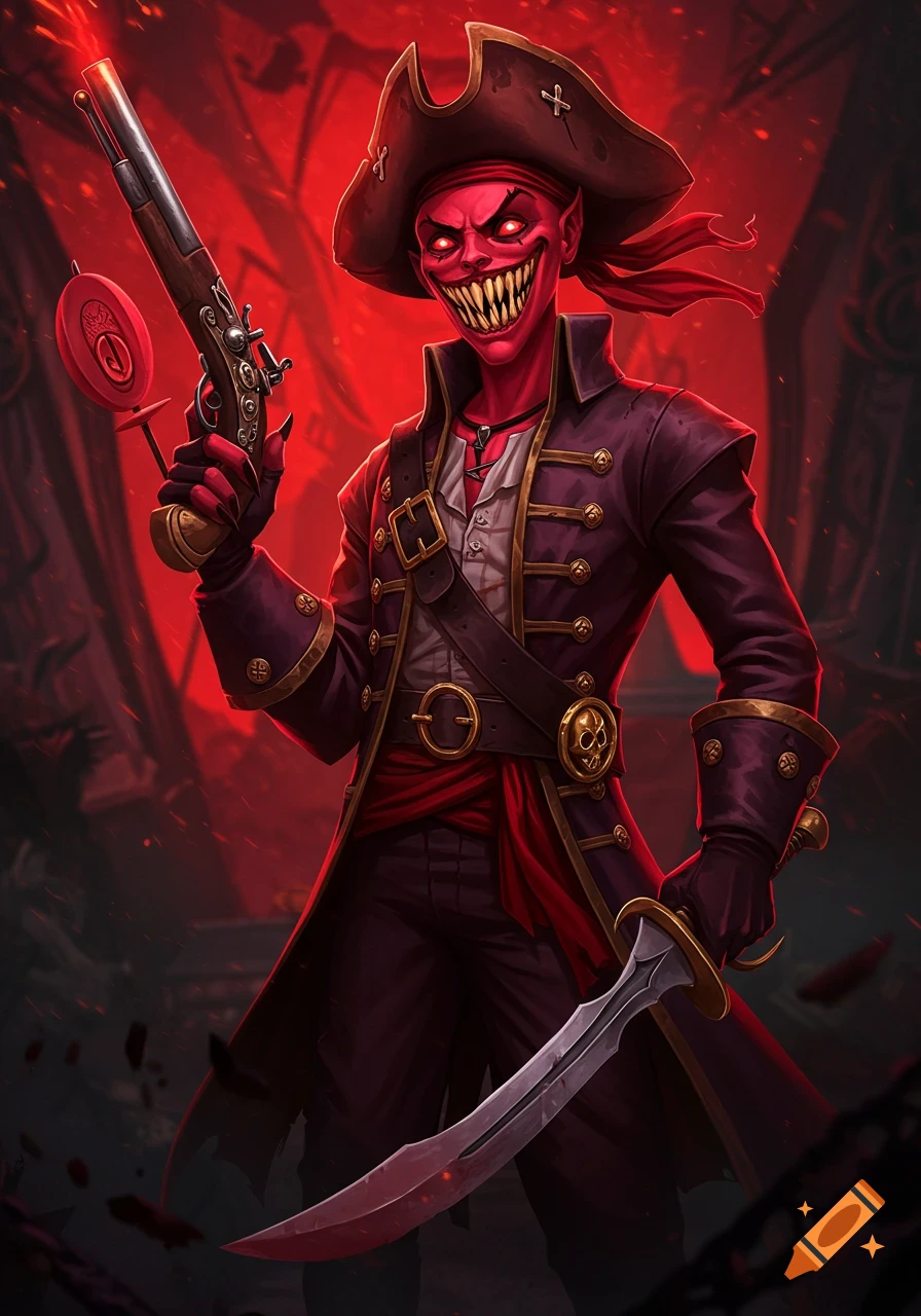 Red demon pirate with sharp teeth, pirate hat, holding a flintlock ...