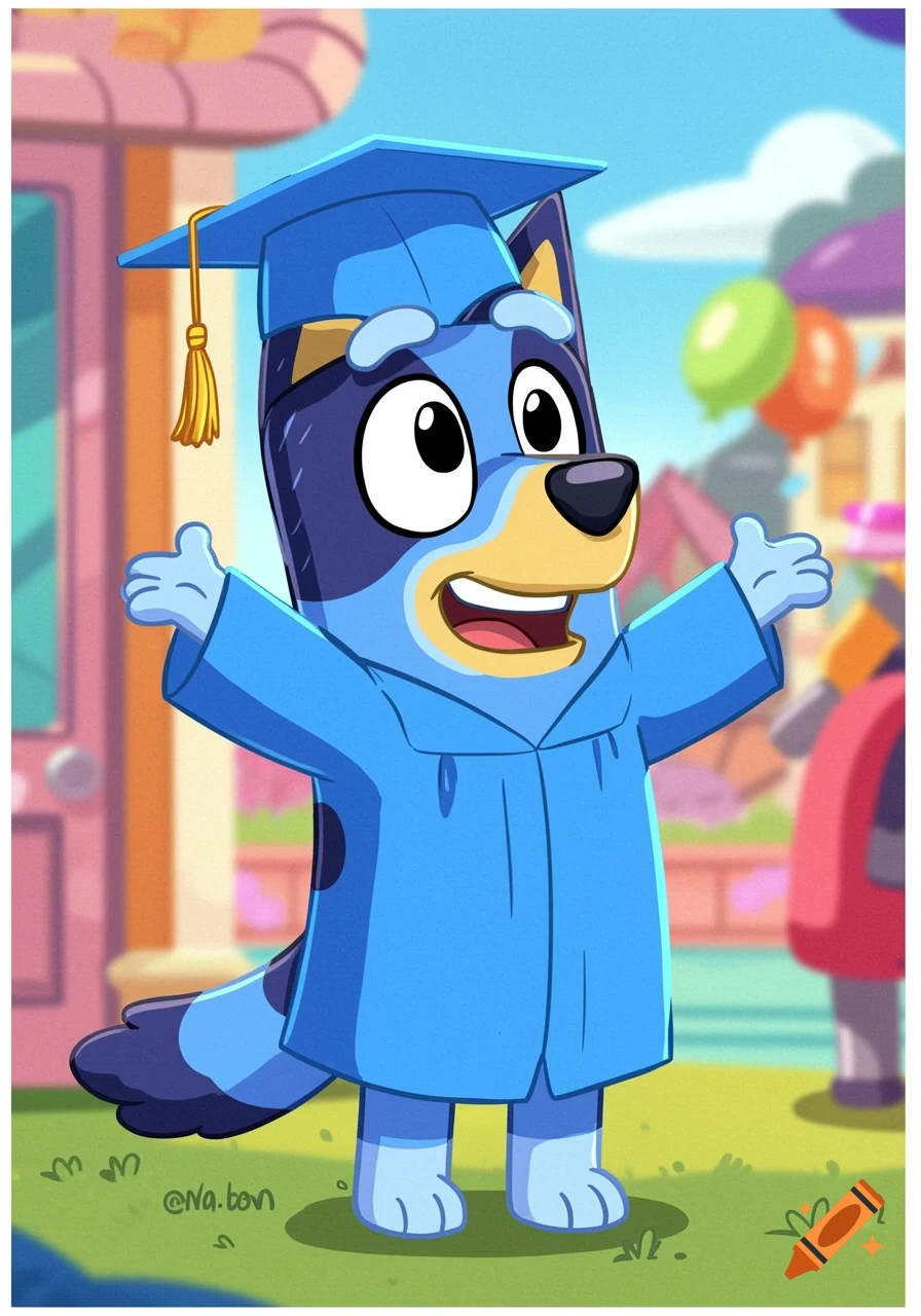 Bluey cartoon character wearing a blue graduation cap and gown ...