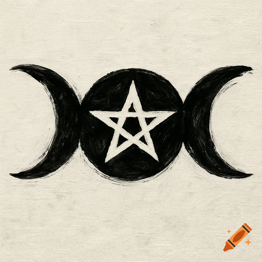 Black and white drawing of a triple moon symbol with a pentagram in the ...