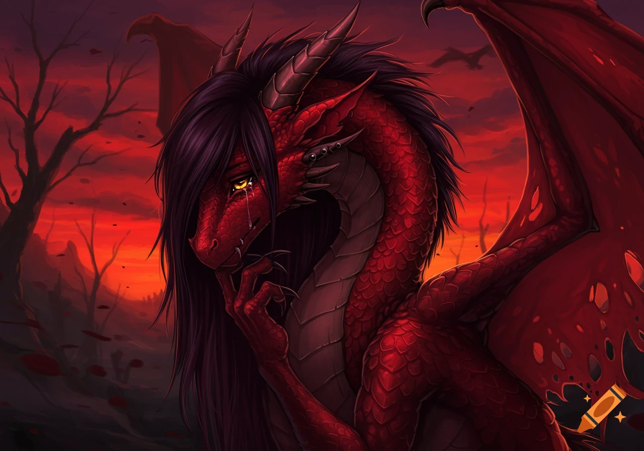 Red dragon with dark hair crying in a desolate landscape at sunset. on ...