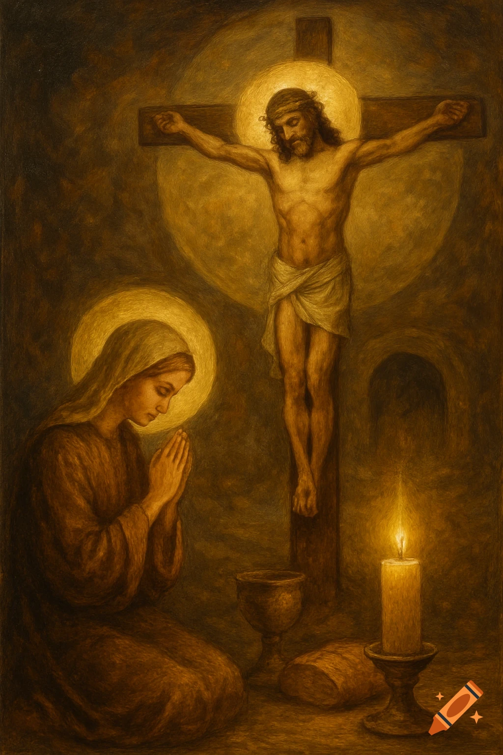 Religious painting of Jesus on cross with figure praying below. on Craiyon