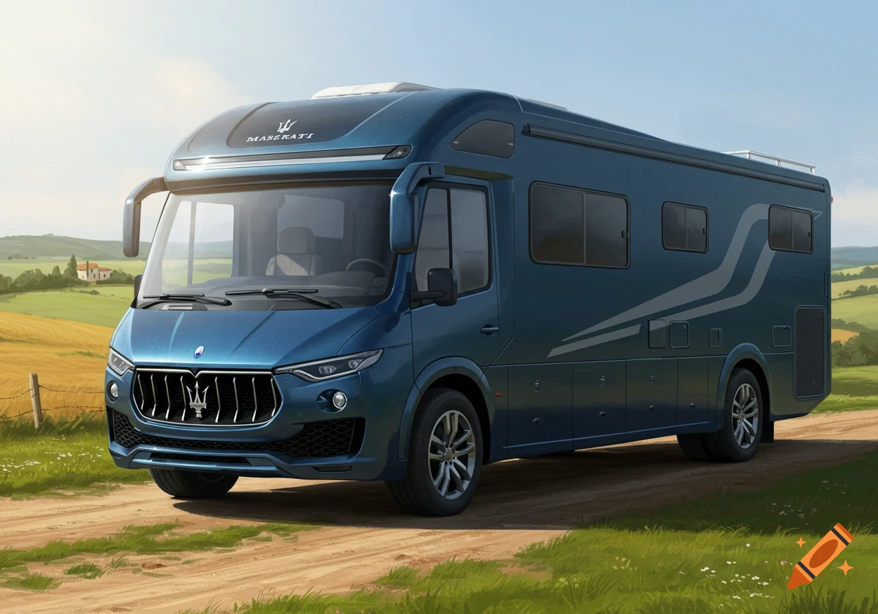 A blue Maserati camper bus is parked on a dirt road in a rural ...