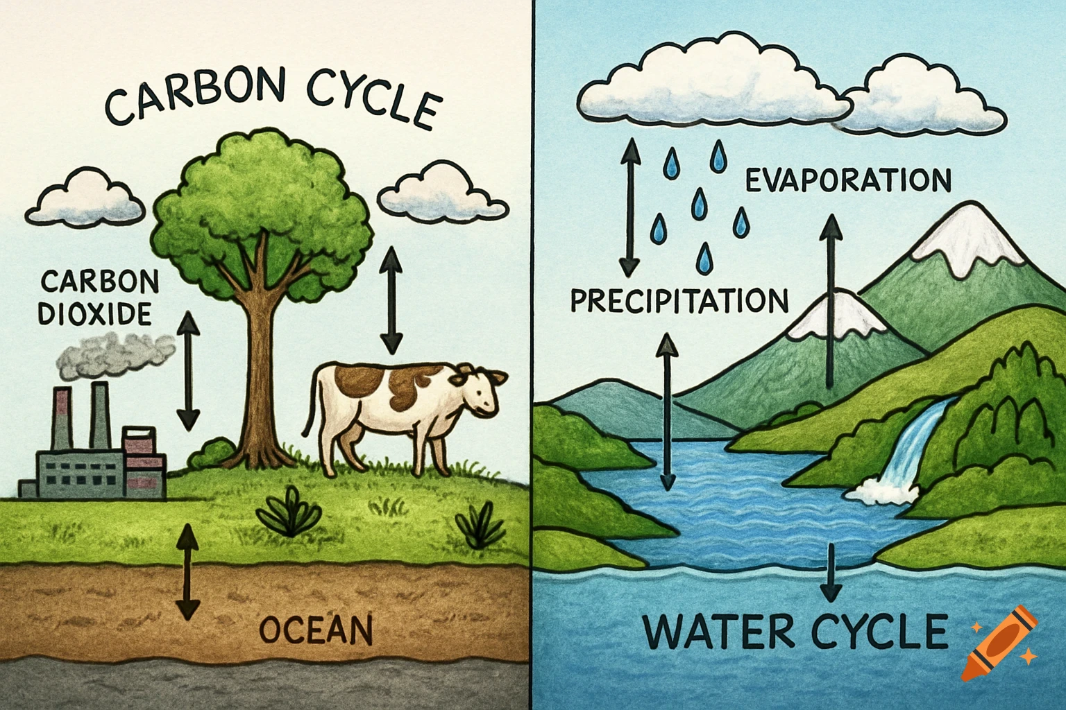 Side-by-side diagram illustrating the carbon cycle and the water cycle ...