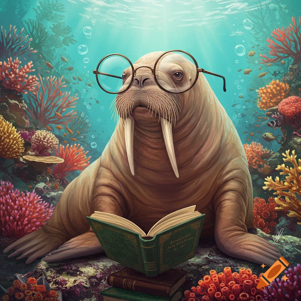 A walrus with glasses sits underwater reading a book among colorful ...