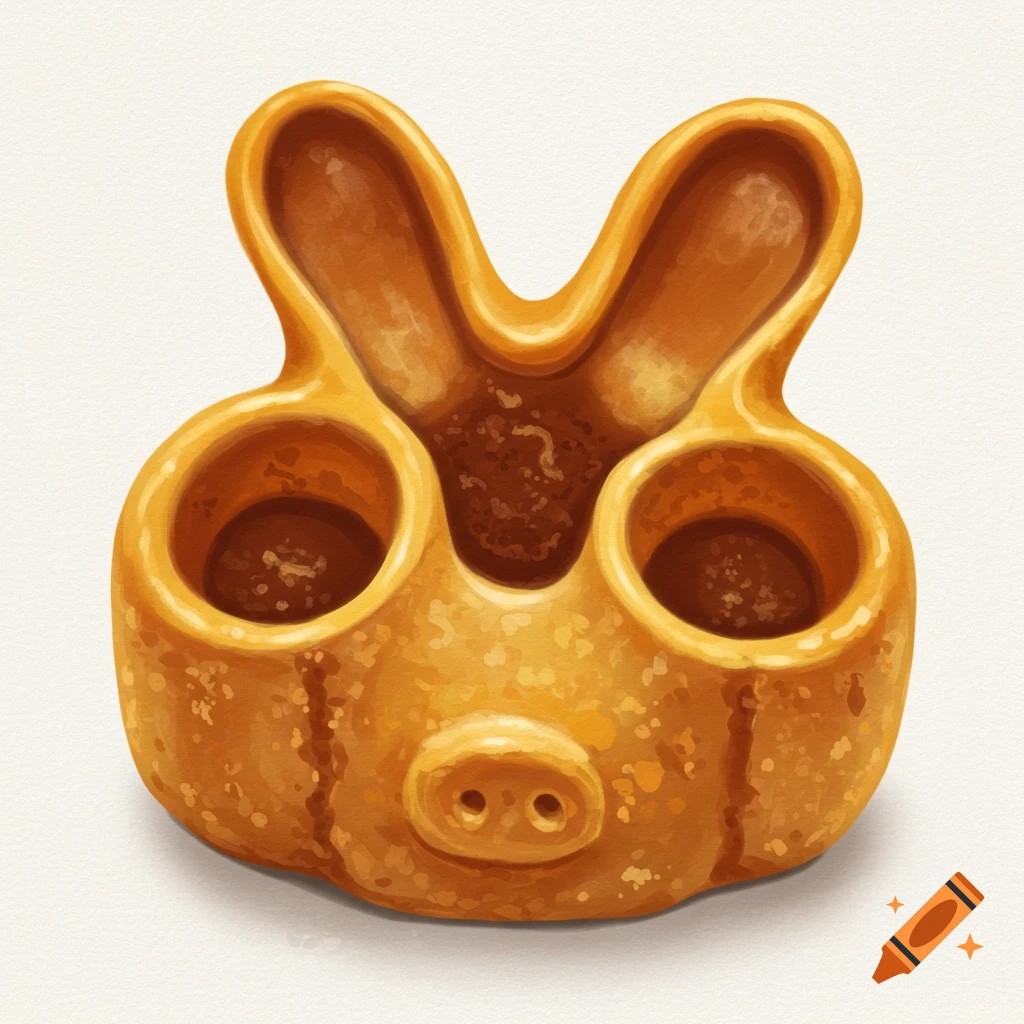 A close-up painting of a pig-shaped cookie or pastry with prominent ...