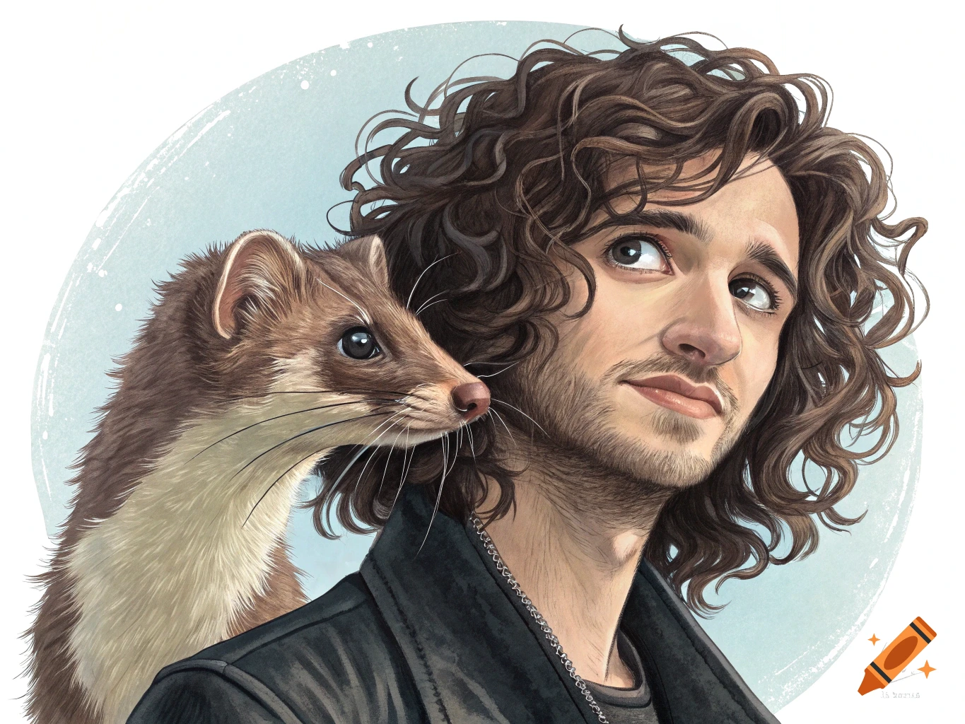 Illustration of a curly-haired man with a weasel on his shoulder. on ...