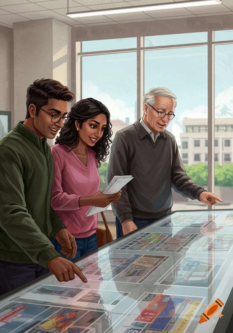 Three people look at property displays on a table in a real estate ...