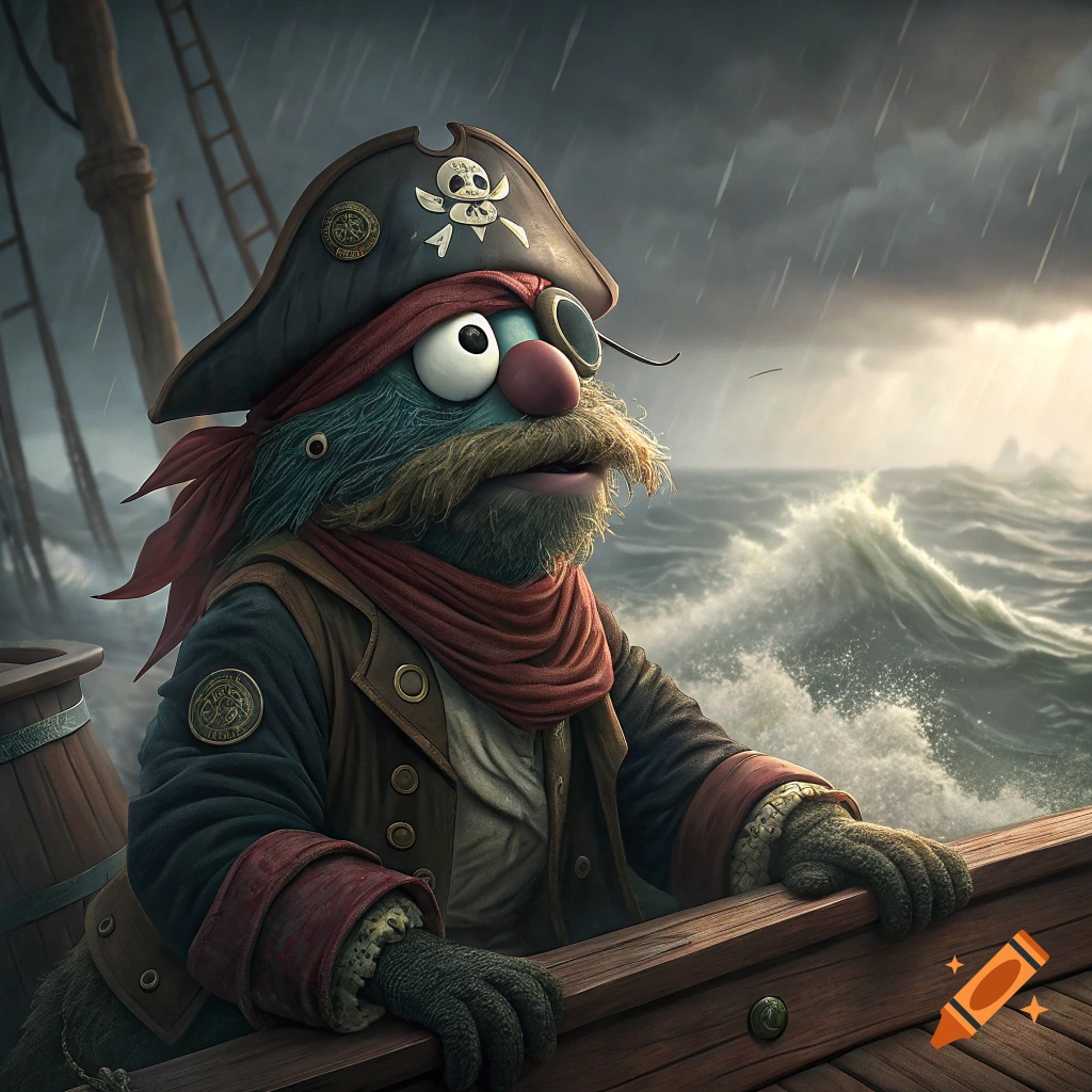 A Muppet-like pirate character stands on the deck of a ship during a ...