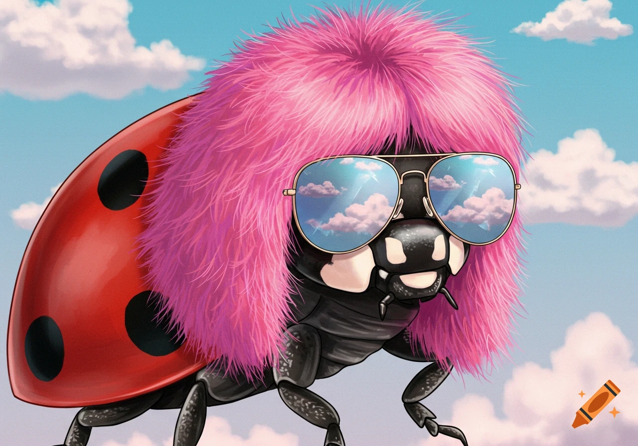 A ladybug wearing a pink fuzzy wig and sunglasses flies in a cartoon ...