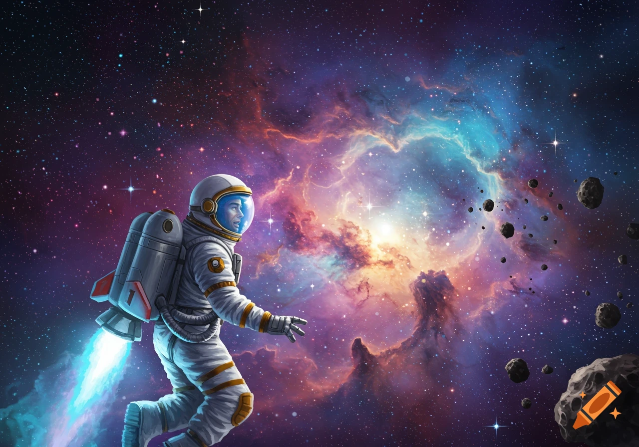An astronaut floats through colorful space filled with nebulas, stars, and asteroids. on Craiyon