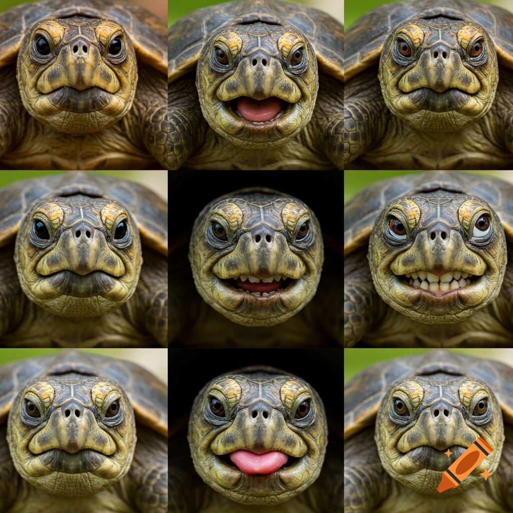 Grid of close-up photos showing a turtle's face with different ...