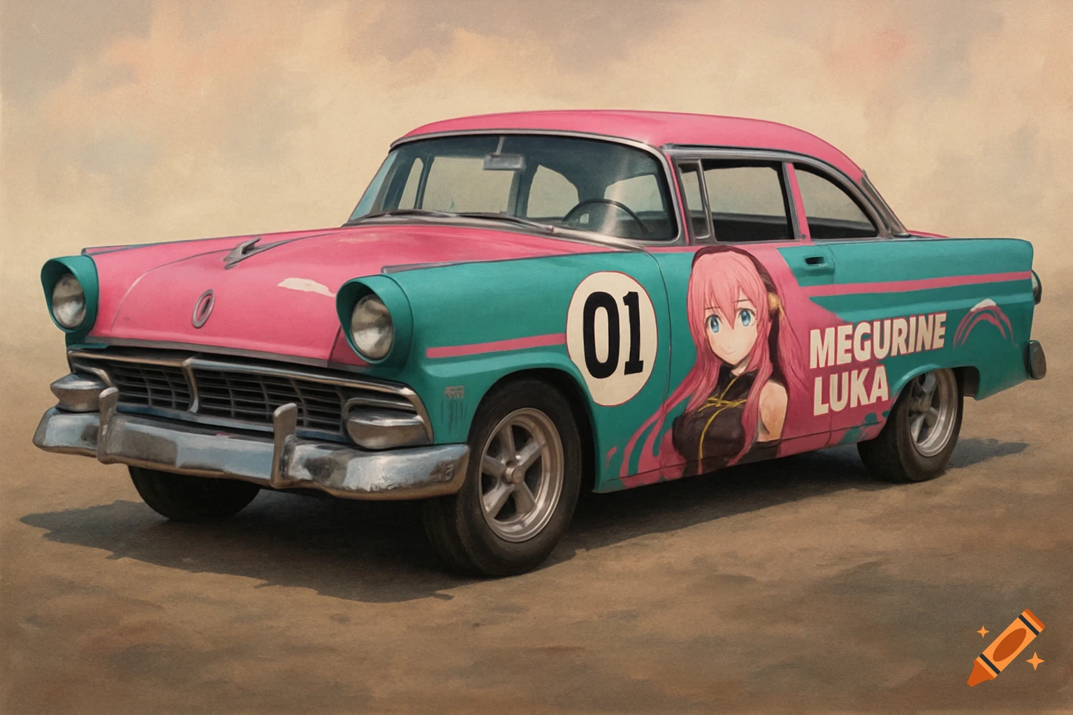 Pink and teal classic car with Megurine Luka anime livery on Craiyon
