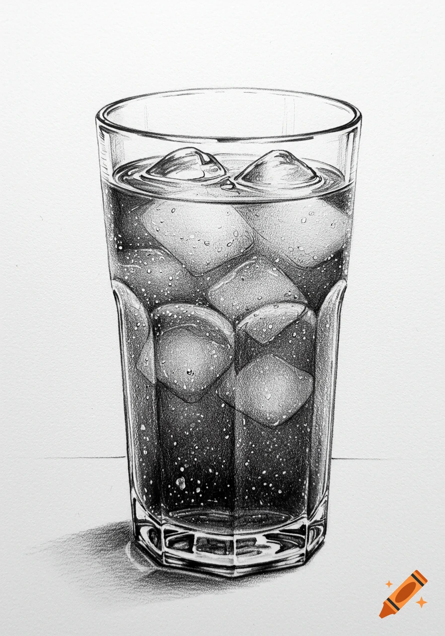 Sketch drawing of a glass filled with ice and a drink. on Craiyon