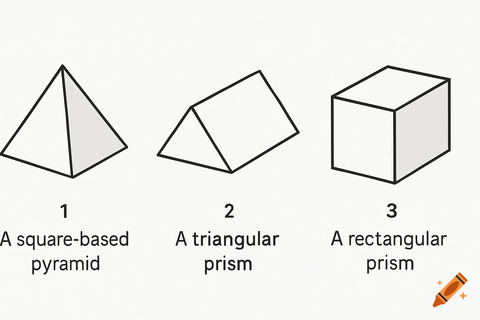Diagram showing a square-based pyramid, a triangular prism, and a rectangular prism, with ...