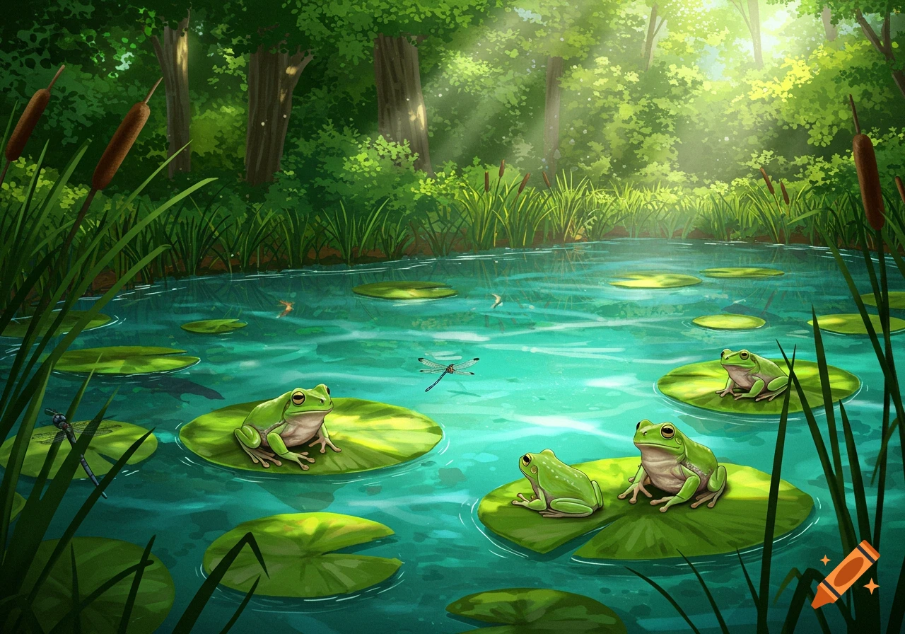 Illustration of green frogs sitting on lily pads in a pond with trees ...