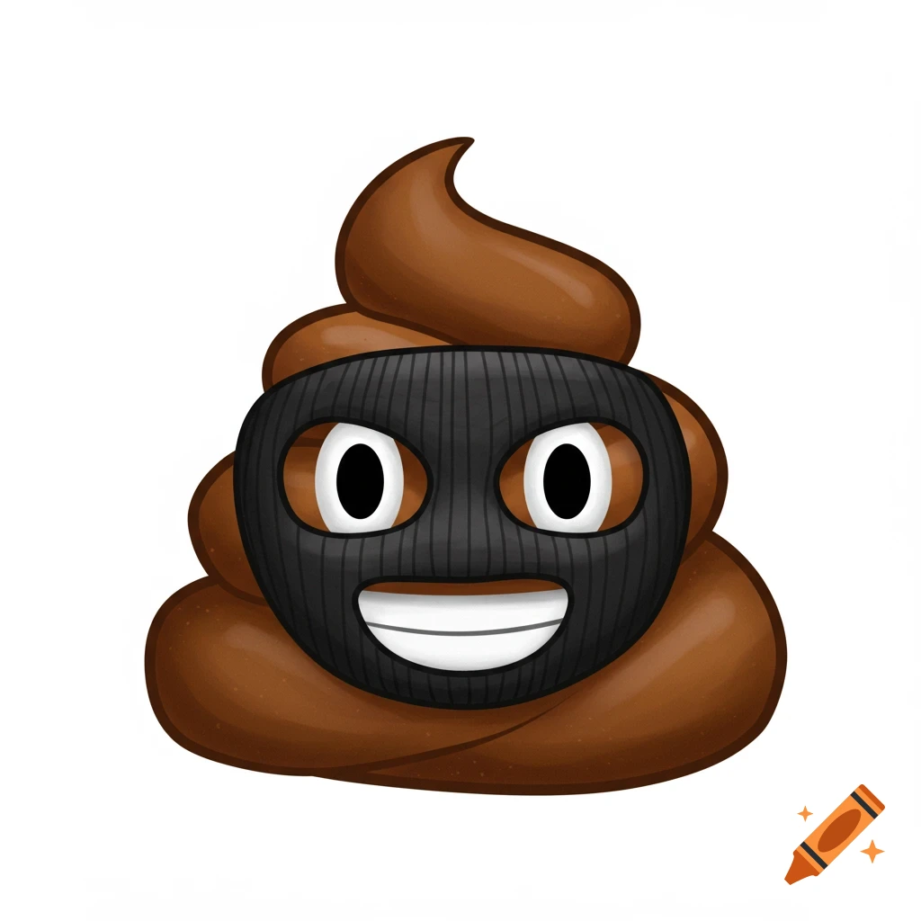 A cartoon poop emoji wearing a black ski mask. on Craiyon