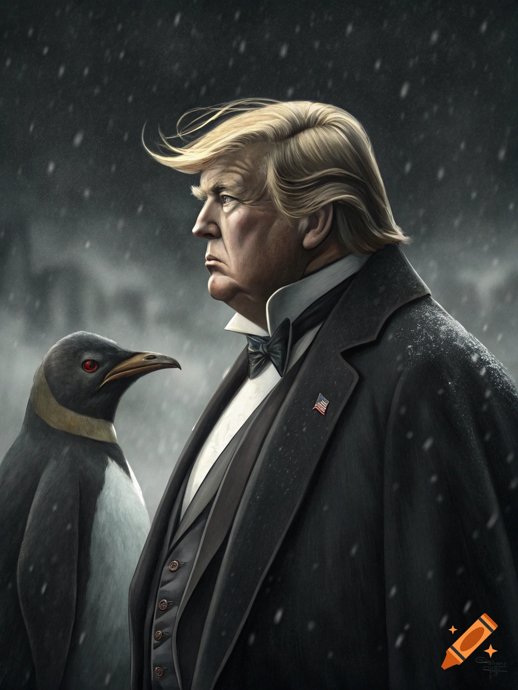 Portrait of a man resembling Donald Trump in formal wear standing next ...