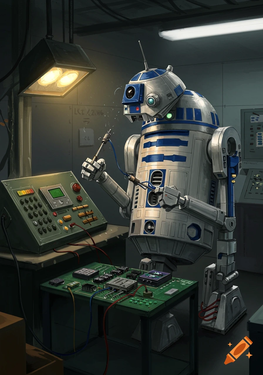 A droid similar to R2-D2 works at a soldering station in a workshop ...