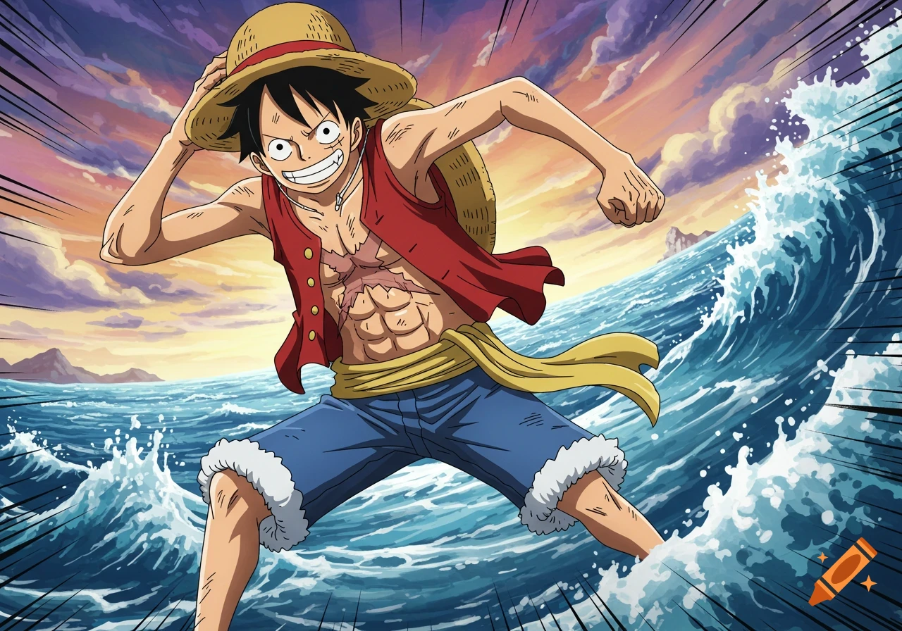 Anime illustration of Luffy from One Piece on choppy seas at sunset on ...