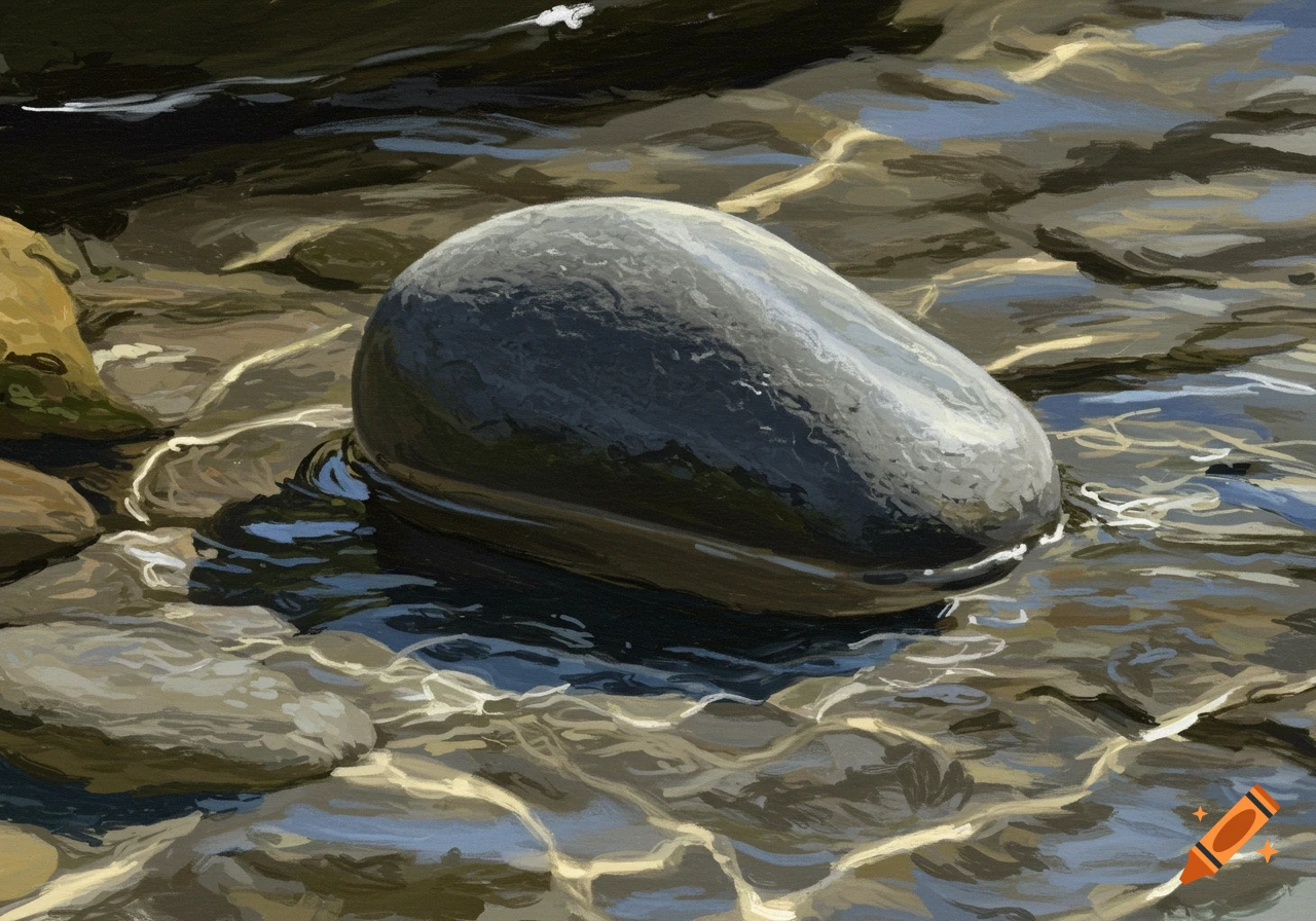 Painting of a smooth gray stone partly submerged in shallow water with ...