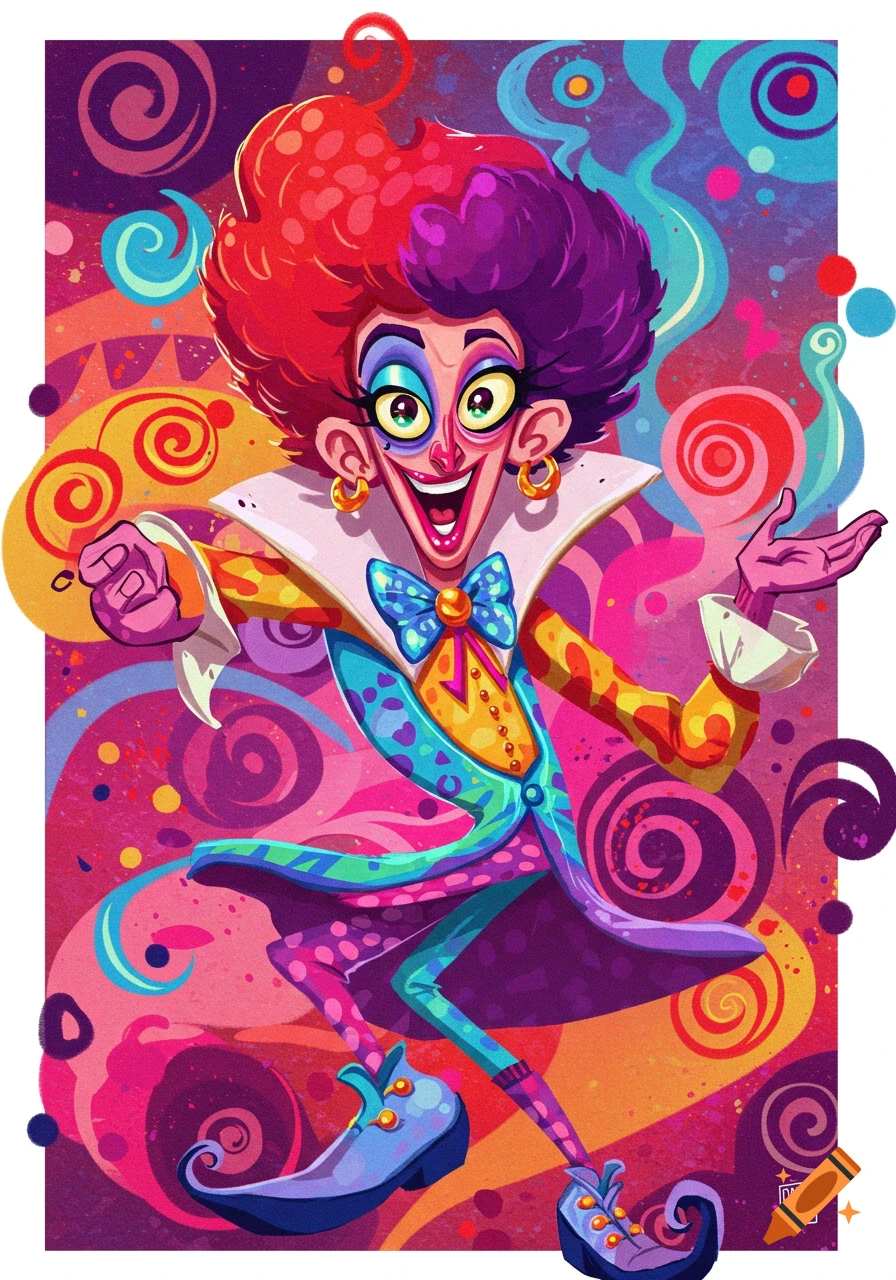 A colorful, exaggerated illustration of a clown or jester with vibrant ...