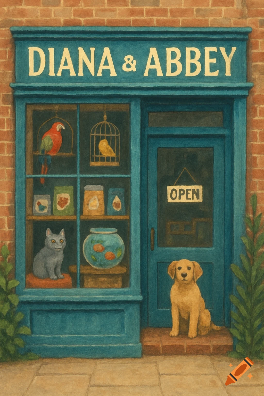 A painted image of a pet store storefront with the sign "Diana & Abbey ...