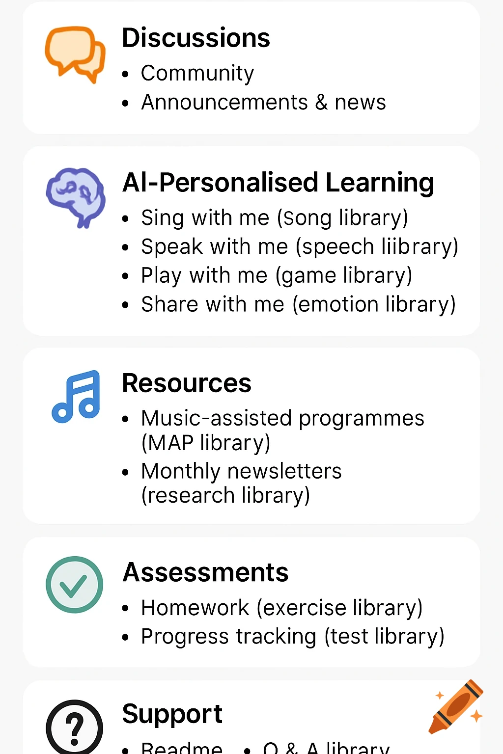 App UI design showing cards for Discussions, AI-Personalised Learning ...