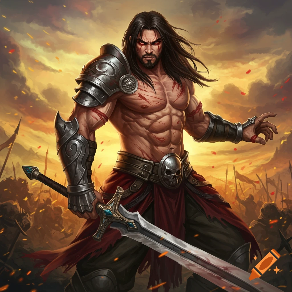 Muscular fantasy warrior with a sword in a battlefield at sunset on Craiyon