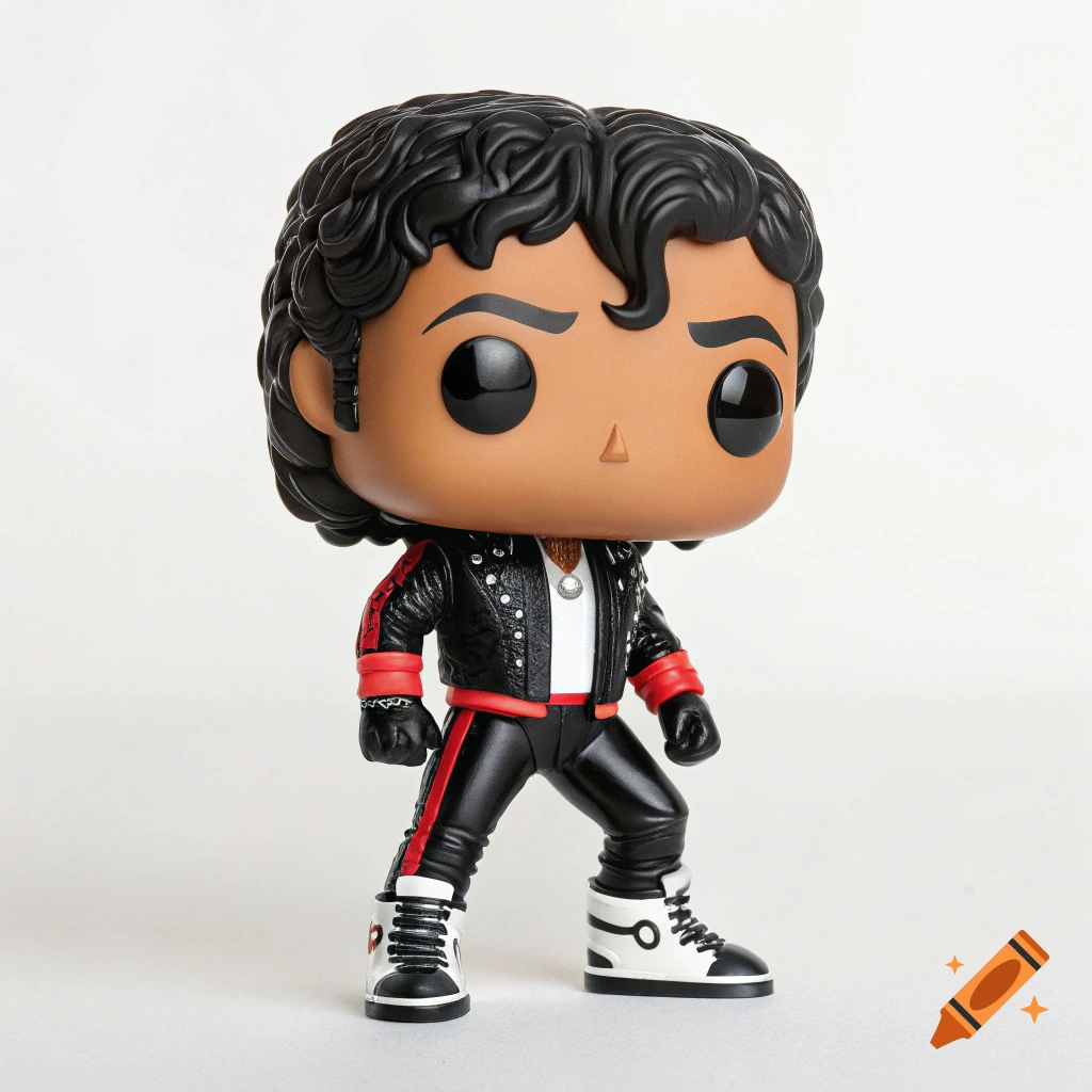 A Michael Jackson Funko Pop figure wearing a black and red leather ...