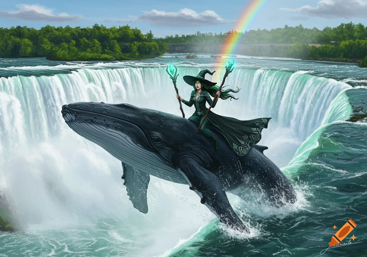 A witch rides a whale over a large waterfall under a rainbow in a ...