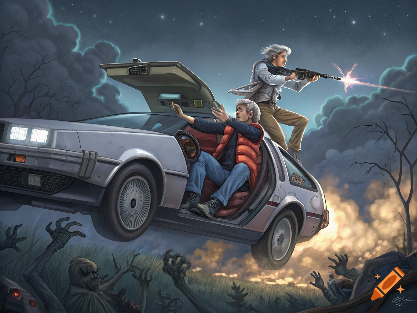 Marty McFly and Doc Brown in a flying DeLorean shooting at zombies in a ...