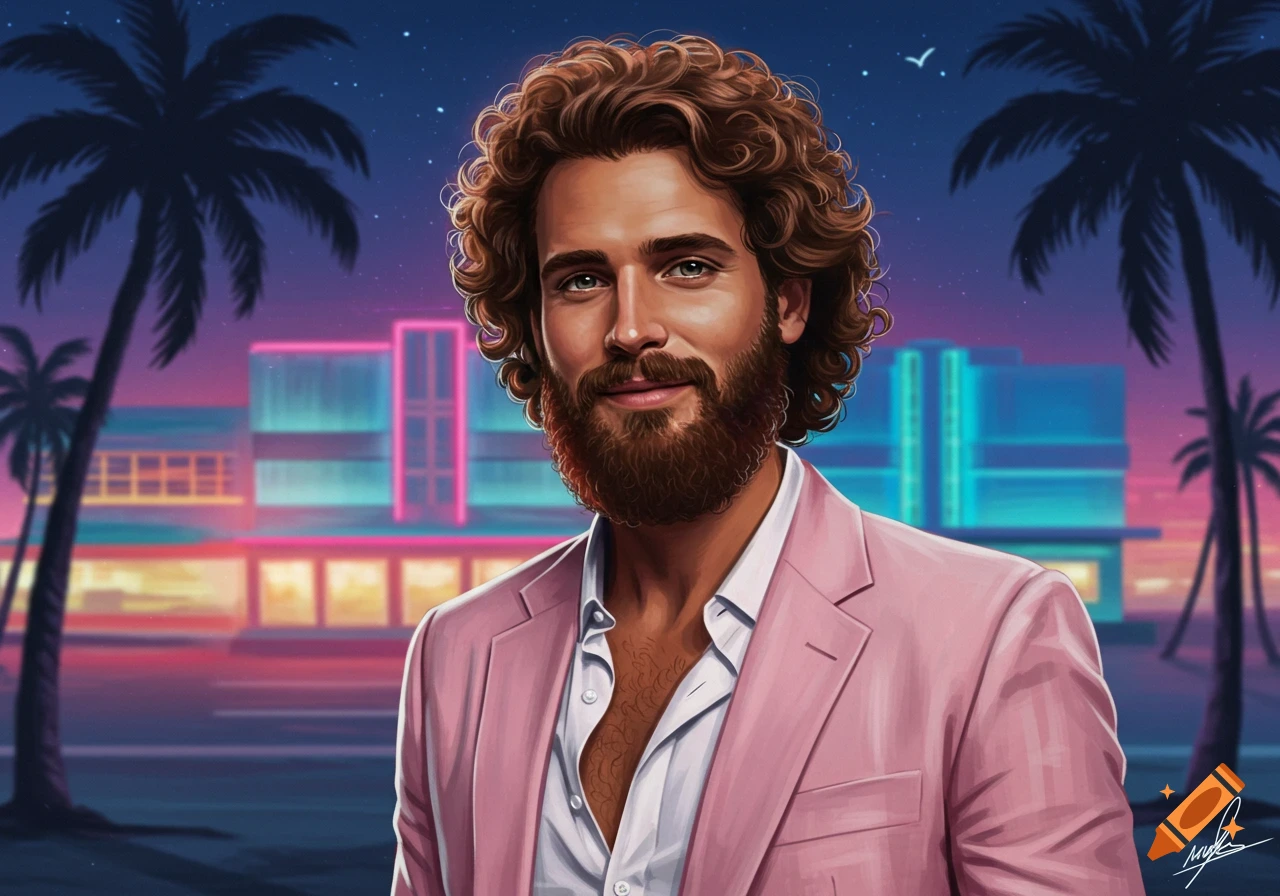 Illustration of a man with curly hair and beard in a pink jacket in ...